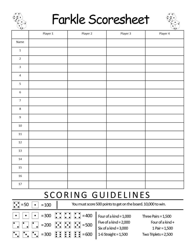 Farkle Dice Board Game Score Sheet, Family Game Night - PDF and PNG ...