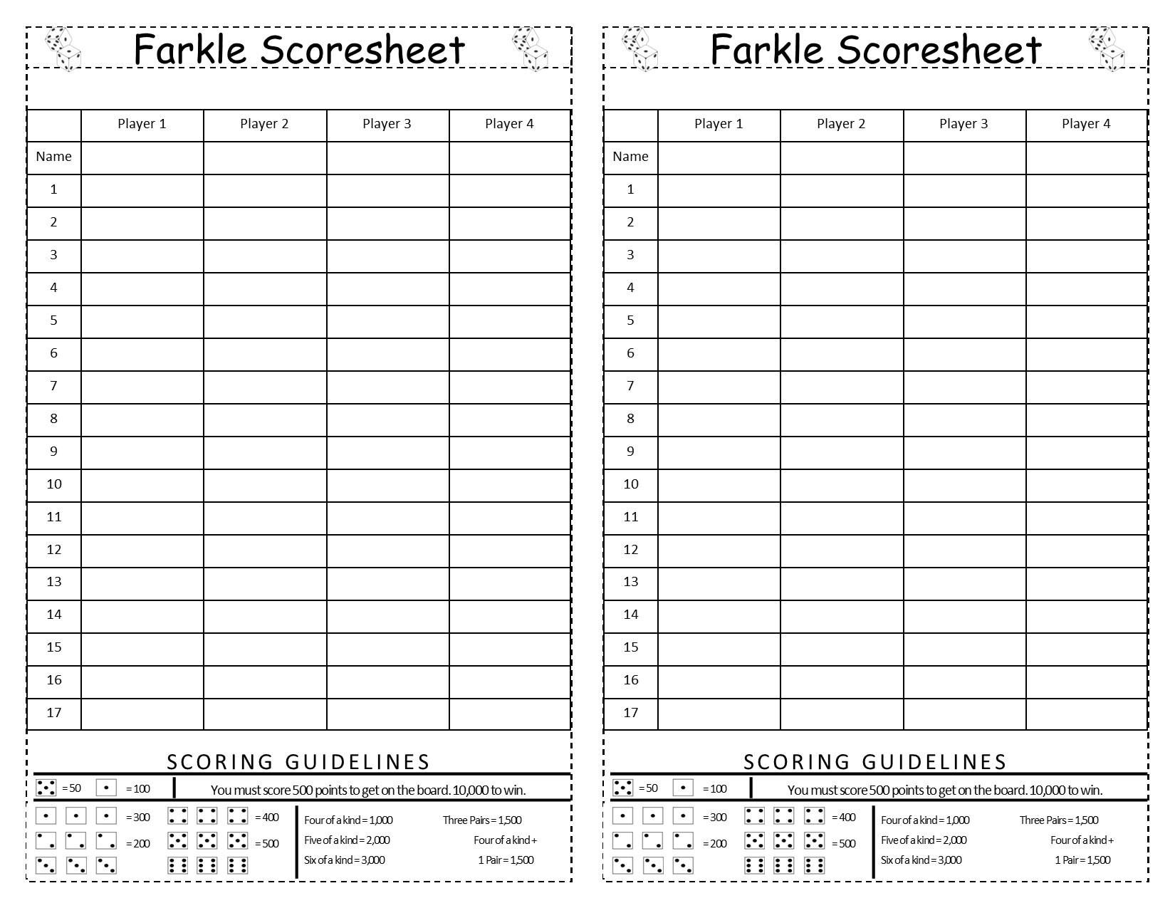 Farkle Dice Board Game Score Sheet, Family Game Night - PDF and PNG ...