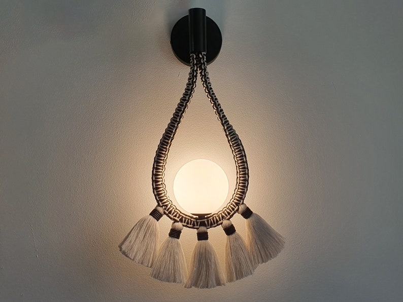 Handwoven Macrame Wall Sconce: Black & White Cotton Tassel Lamp - Etsy