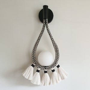 Handwoven Macrame Wall Sconce: Black & White Cotton Tassel Lamp - Etsy
