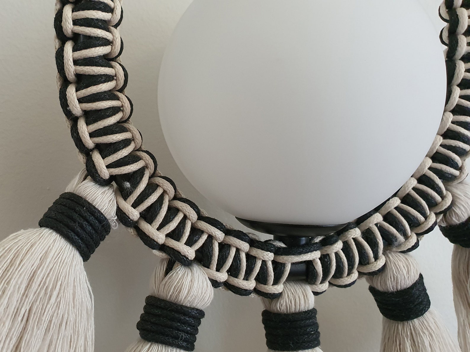 Handwoven Macrame Wall Sconce: Black & White Cotton Tassel Lamp - Etsy