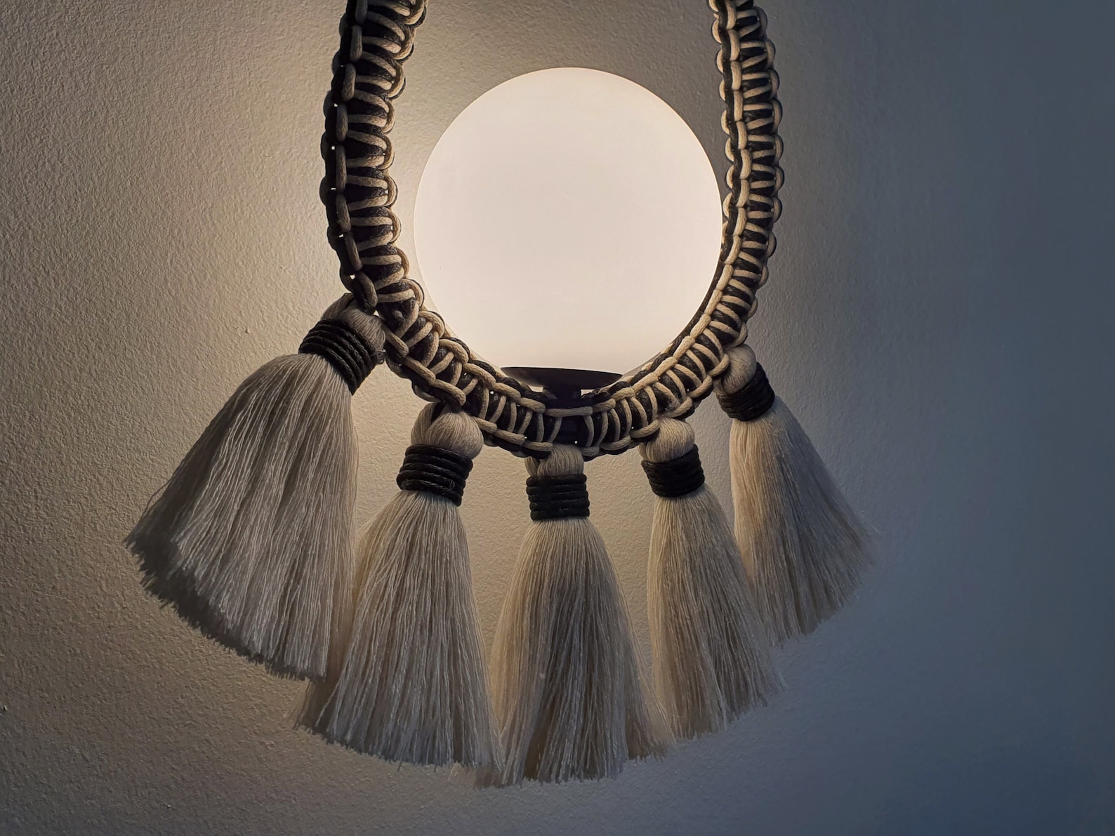 Handwoven Macrame Wall Sconce: Black & White Cotton Tassel Lamp - Etsy