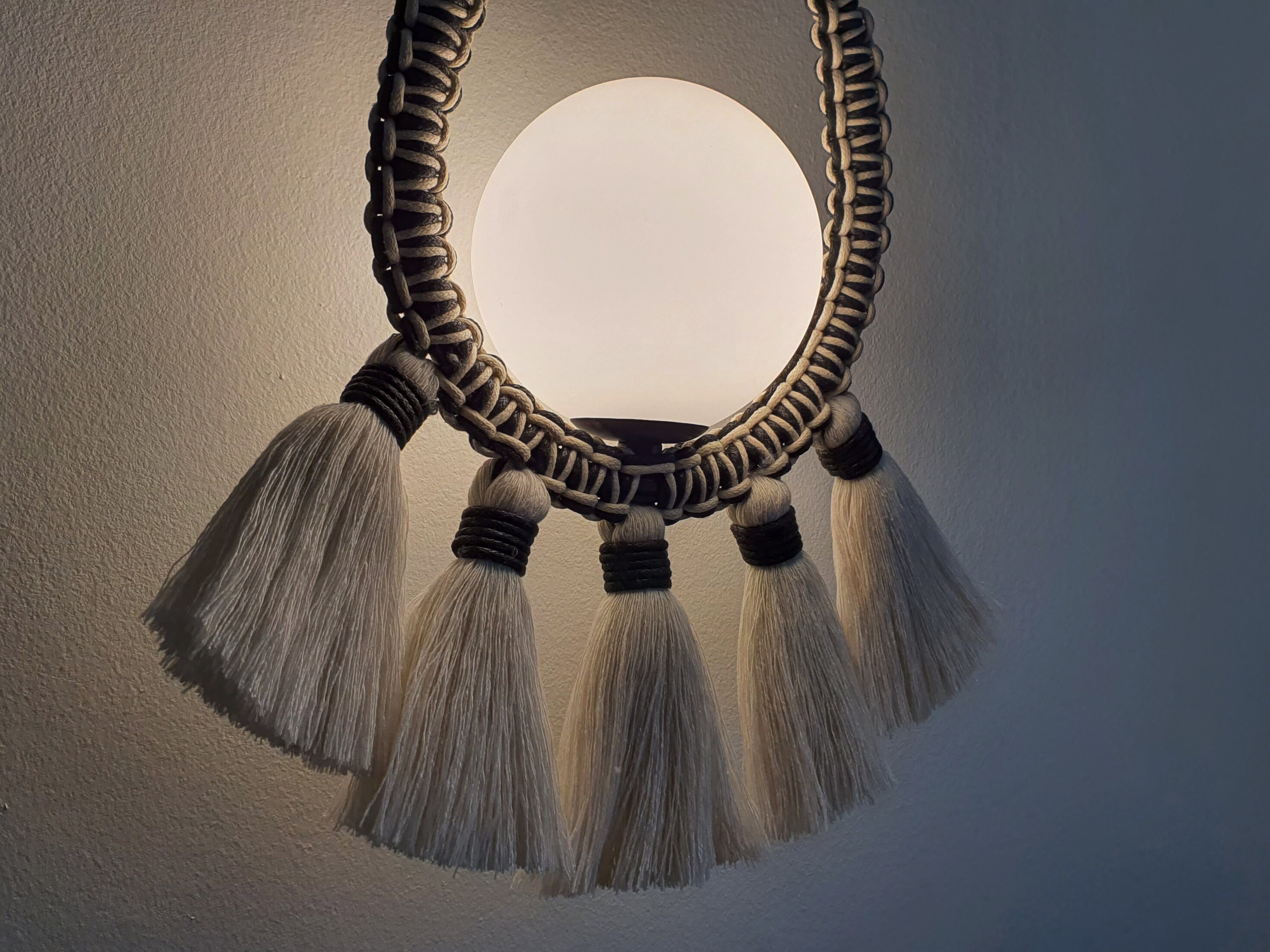 Handwoven Macrame Wall Sconce: Black & White Cotton Tassel Lamp - Etsy