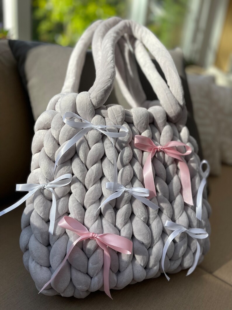 BALLET BOW TOTE Handmade Chunky Knit Velvet Shoulder Bag With Bows - Etsy