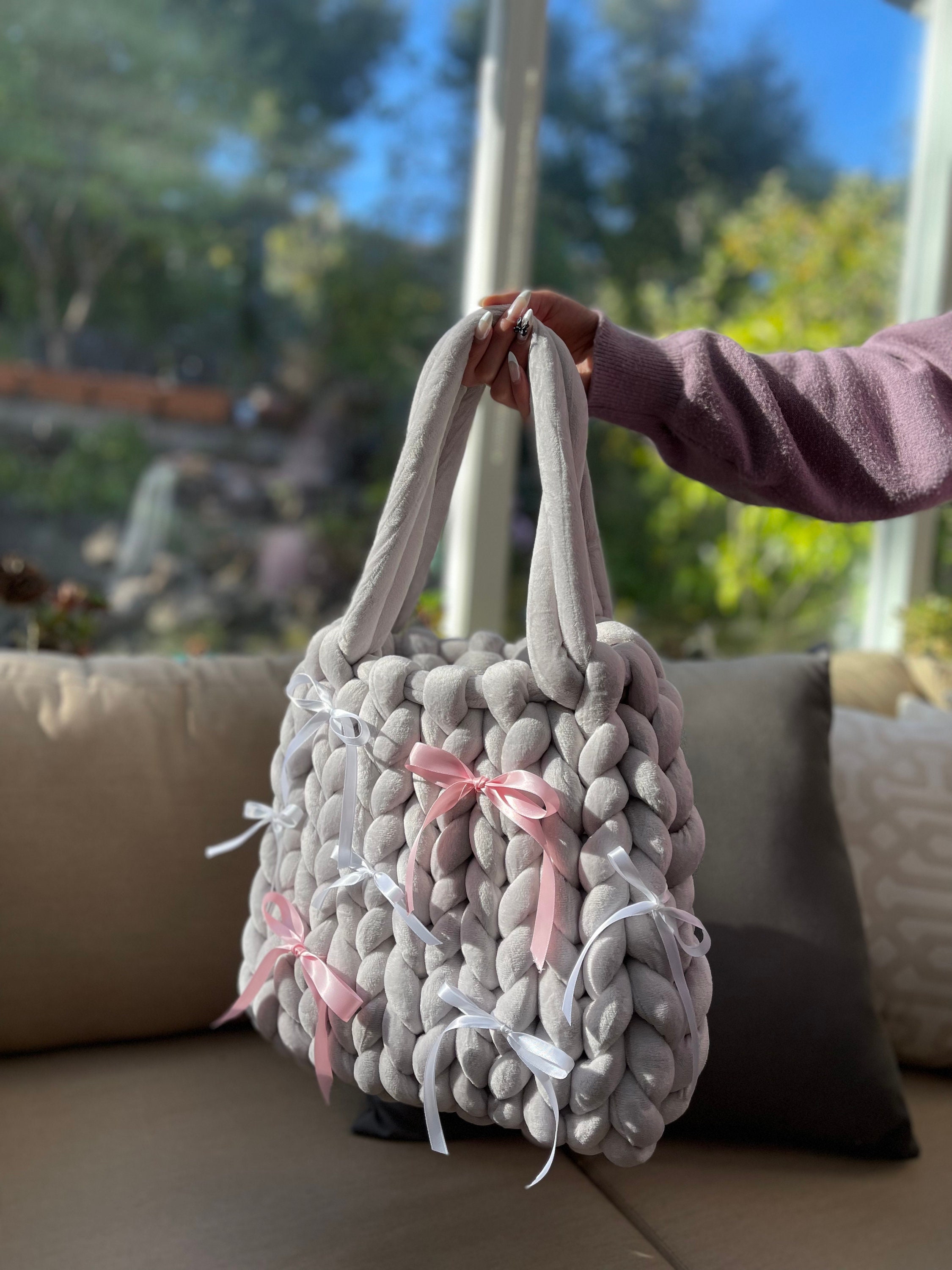 BALLET BOW TOTE Handmade Chunky Knit Velvet Shoulder Bag With Bows - Etsy