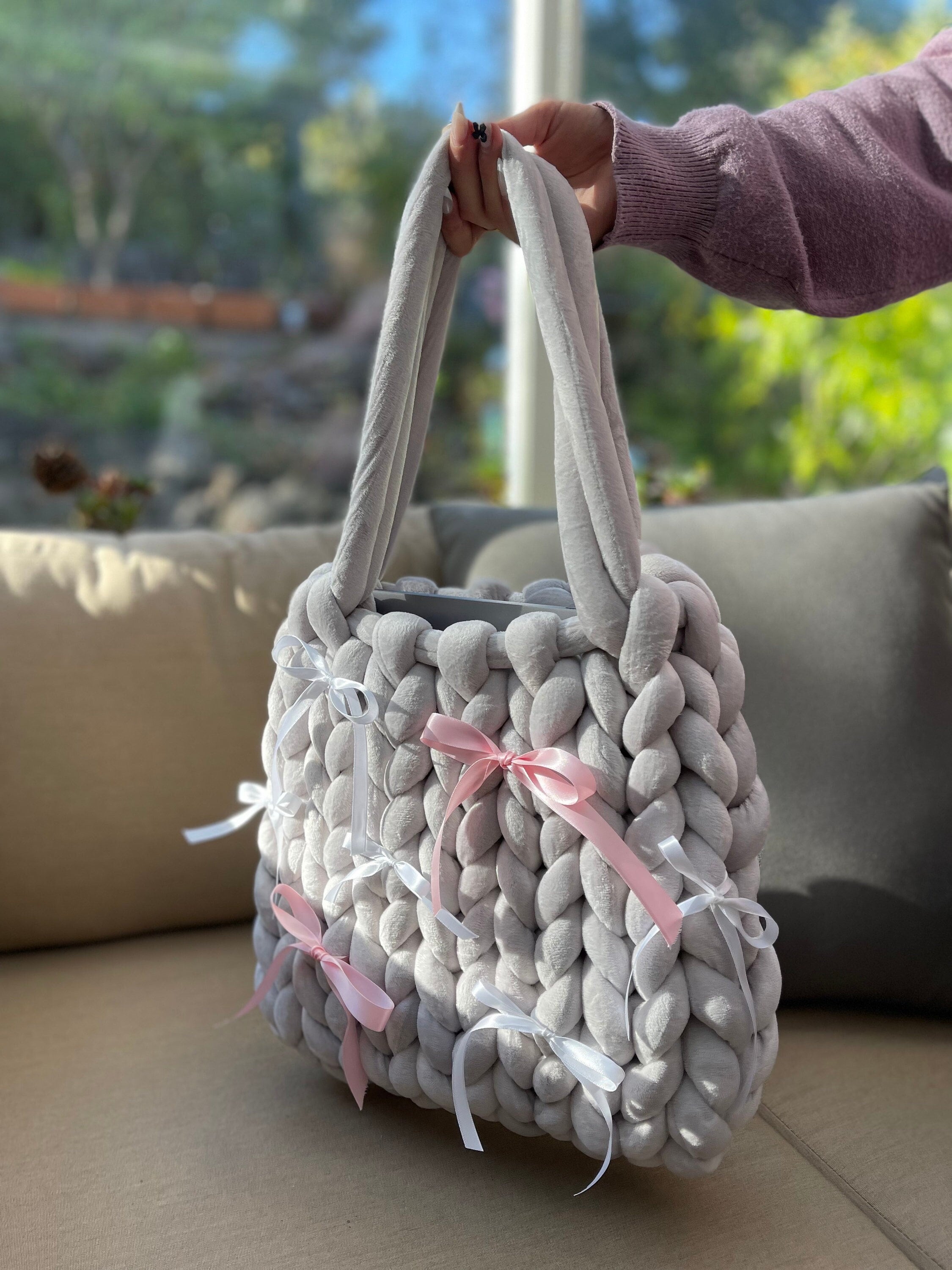 BALLET BOW TOTE Handmade Chunky Knit Velvet Shoulder Bag With Bows - Etsy