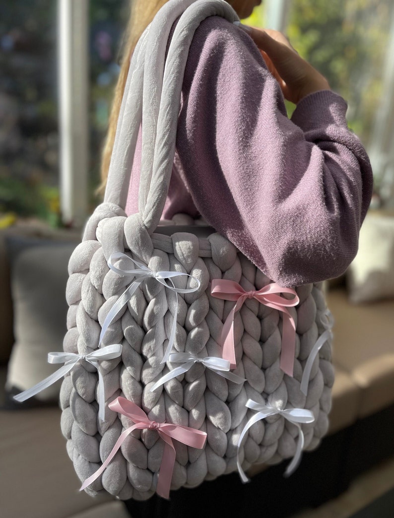 BALLET BOW TOTE Handmade Chunky Knit Velvet Shoulder Bag With Bows - Etsy