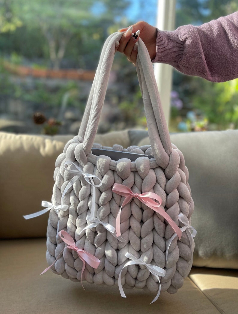 BALLET BOW TOTE Handmade Chunky Knit Velvet Shoulder Bag With Bows - Etsy