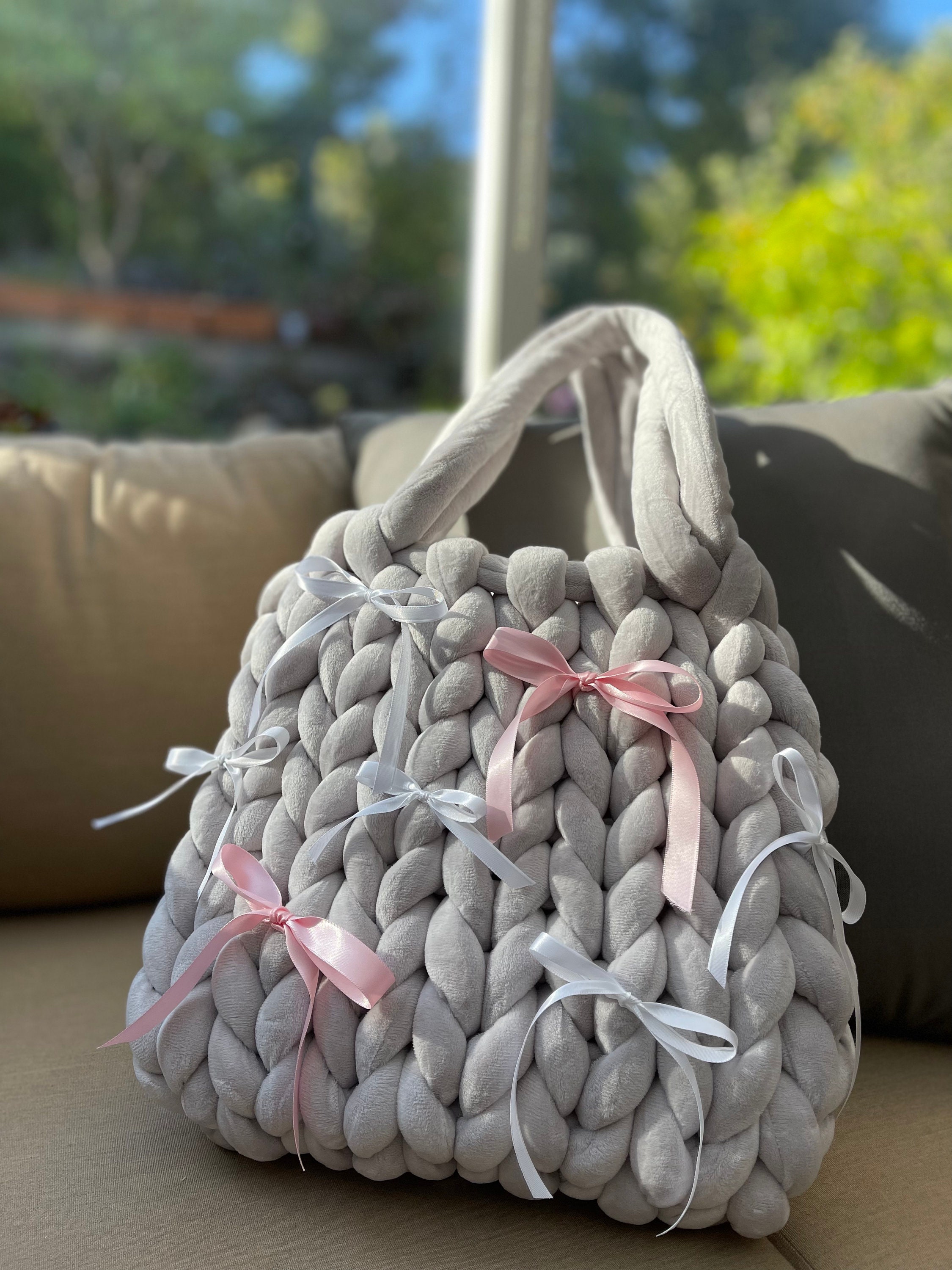 BALLET BOW TOTE Handmade Chunky Knit Velvet Shoulder Bag With Bows - Etsy