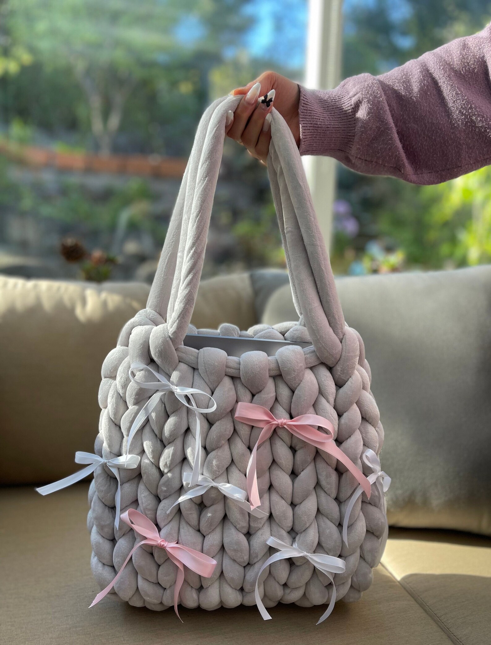 BALLET BOW TOTE Handmade Chunky Knit Velvet Shoulder Bag With Bows - Etsy