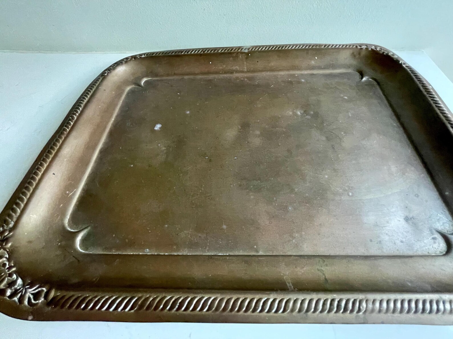 Brass Serving Tray With Decorative Edging & Floral Corners - Etsy