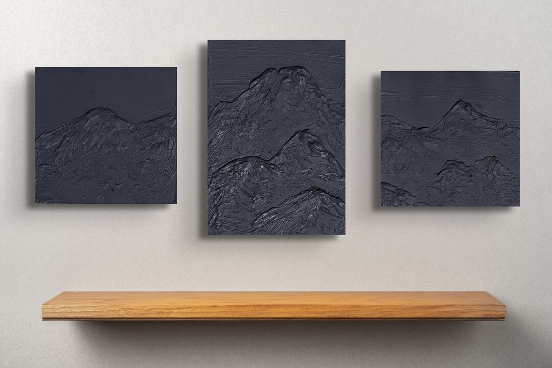 Set of 3 Dark Grey 3D Abstract Painting Dark Grey Texture Wall Art Dark ...