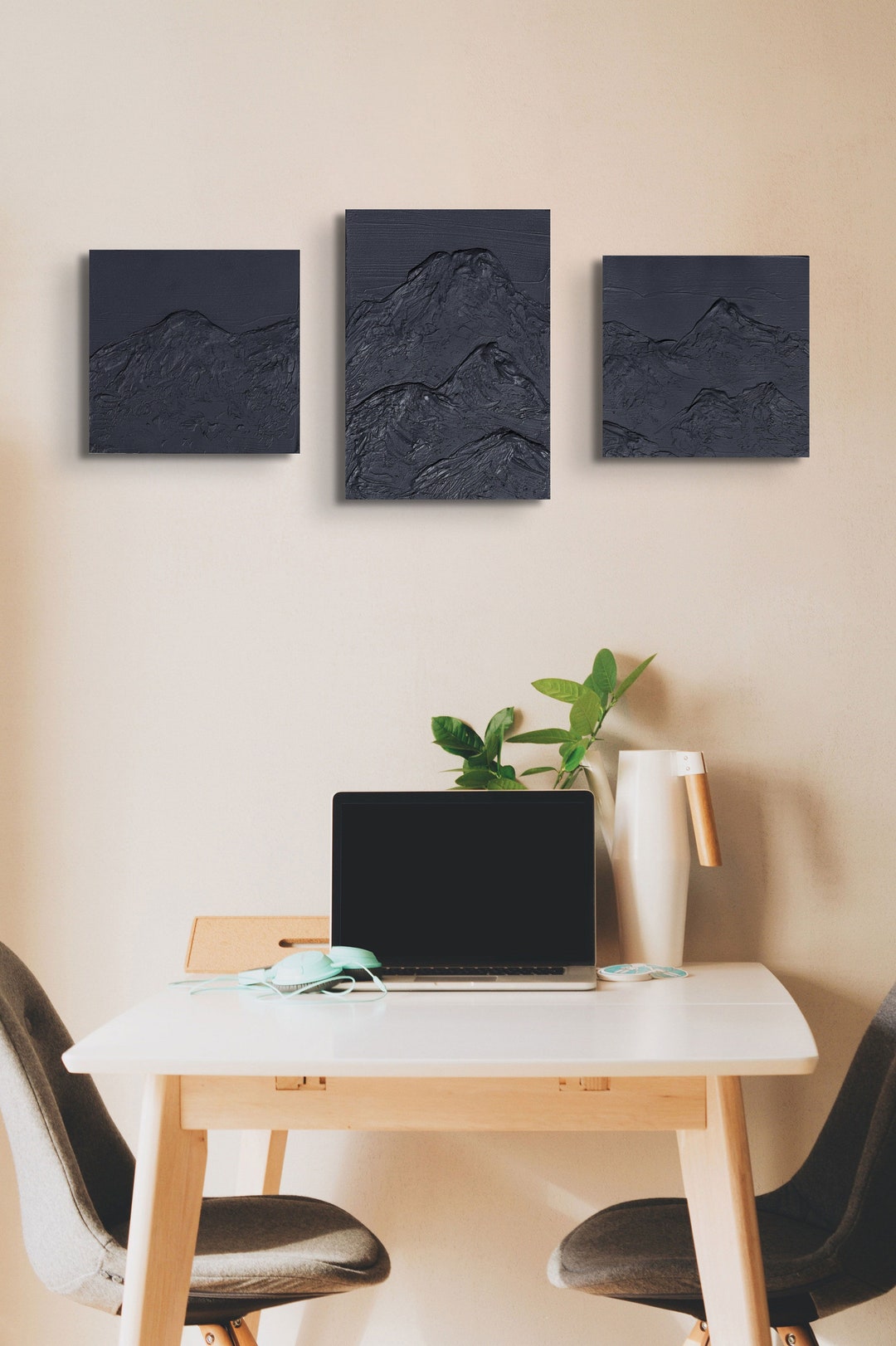 Set of 3 Dark Grey 3D Abstract Painting Dark Grey Texture Wall Art Dark ...