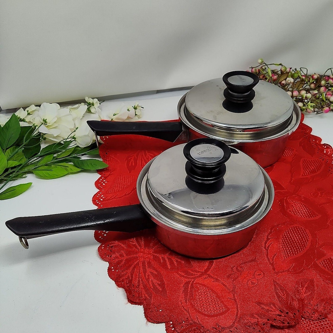 Vtg Amway Queen Cookware 1qt & 1.5qt Sauce Pan Pot Lids 18/8 Stainless ...