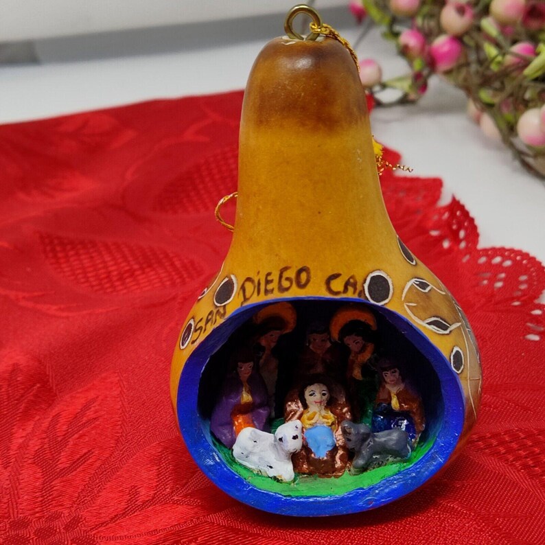 Christmas Ornament Carved Gourd Nativity Creche Folk Art Diorama San ...