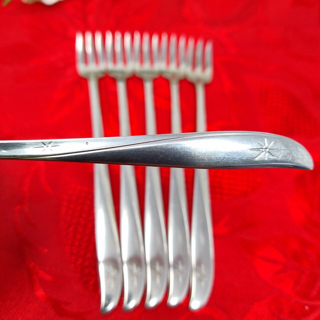 6X Twin Star Oneida Community Stainless Atomic Starburst Forks Shrimp ...