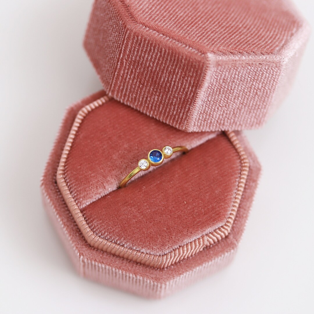14k Sapphire Bezel Stacking Ring / Dainty 3 Stone Ring Real - Etsy