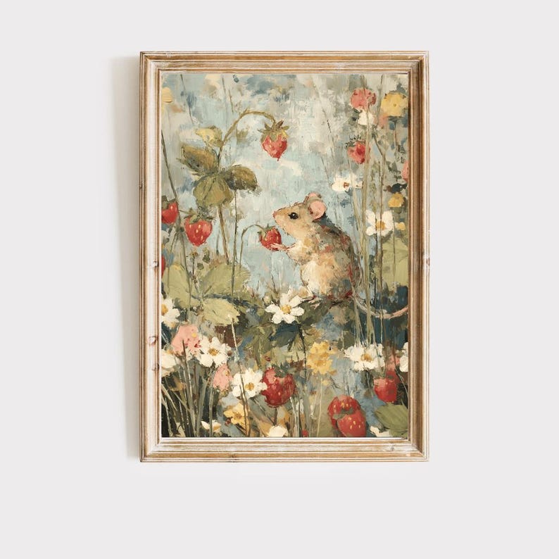 PHYSICAL PRINT Spring Mouse and Strawberry Print, Cottagecore Woodland ...