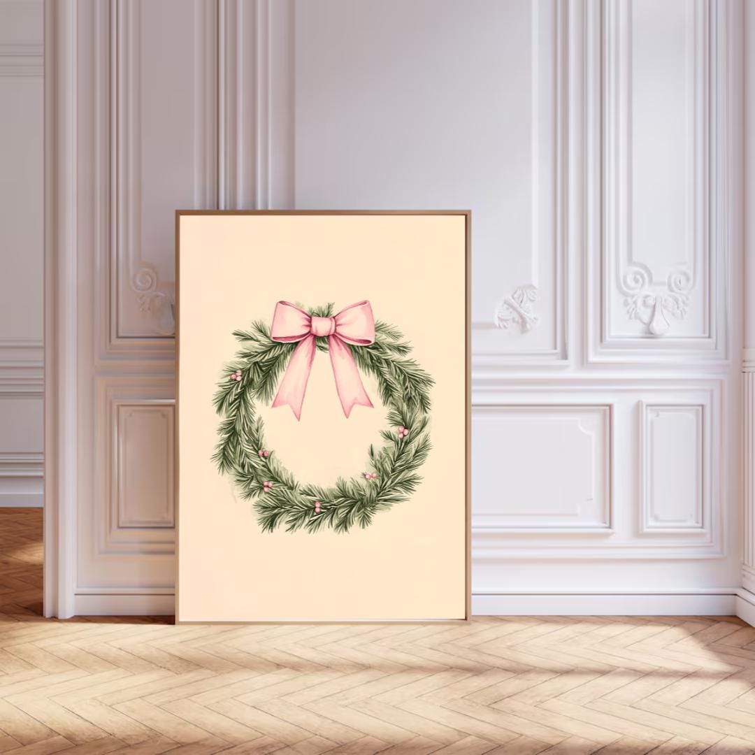 Coquette Christmas Pastel Wreath Art Print, Holiday Hosting Decor, Pink ...