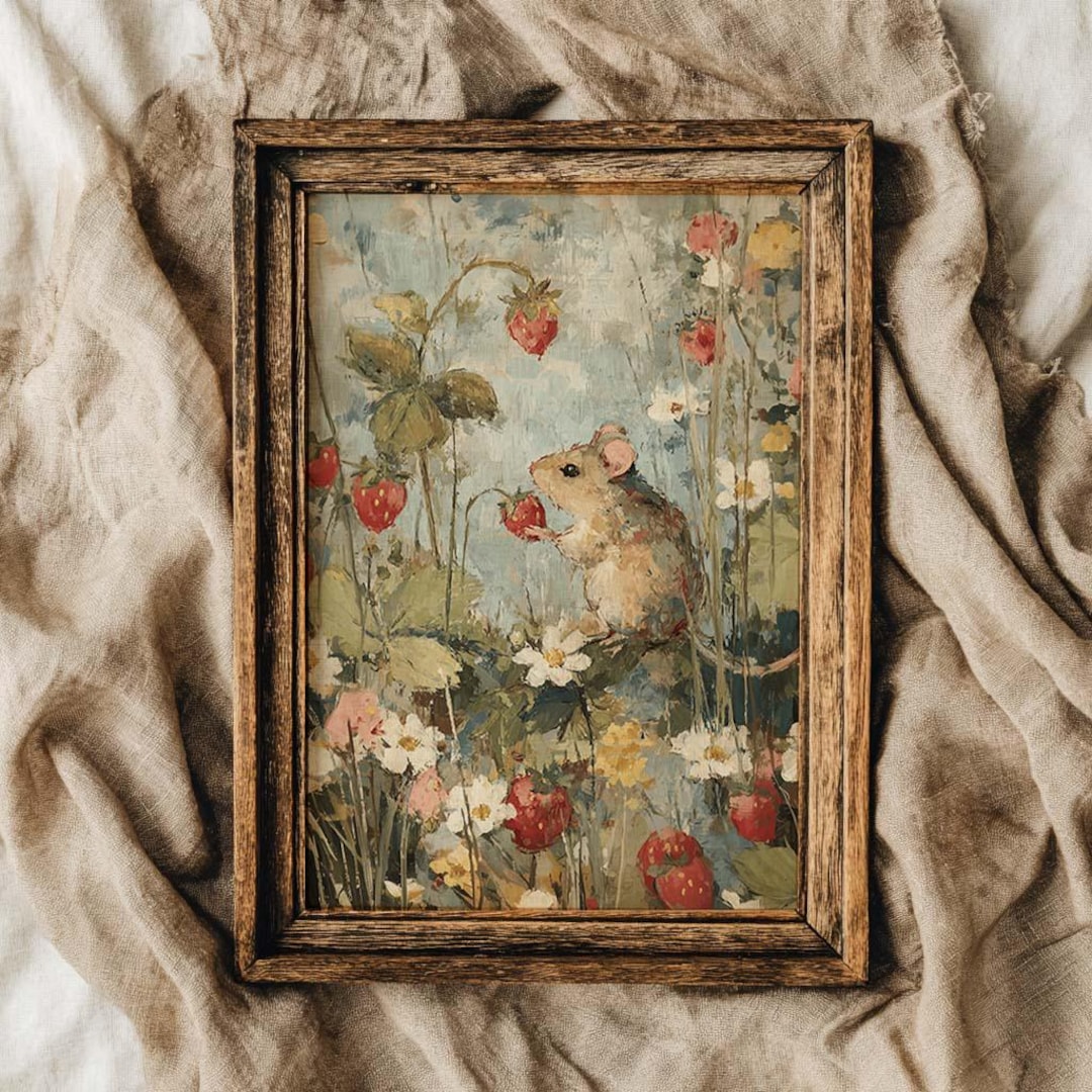 PHYSICAL PRINT Spring Mouse and Strawberry Print, Cottagecore Woodland ...