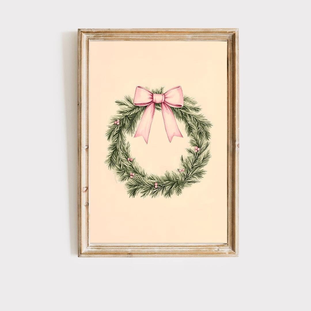 Coquette Christmas Pastel Wreath Art Print, Holiday Hosting Decor, Pink ...
