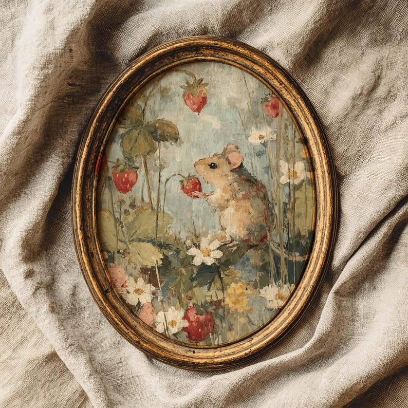 PHYSICAL PRINT Spring Mouse and Strawberry Print, Cottagecore Woodland ...