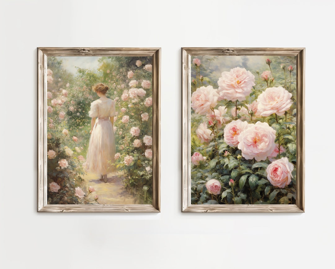 Coquette Rose Garden Oil Painting Set, Coquette Room Decor, Cottagecore ...