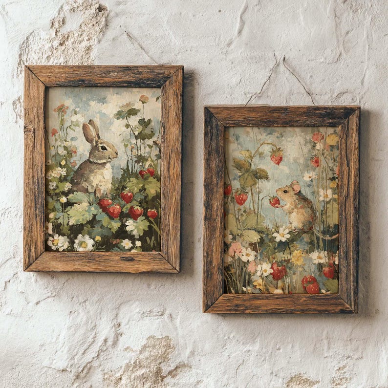 PHYSICAL PRINT Spring Mouse and Strawberry Print, Cottagecore Woodland ...