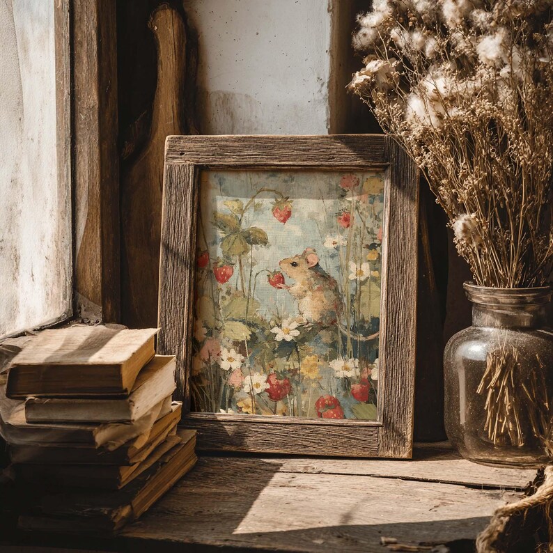 PHYSICAL PRINT Spring Mouse and Strawberry Print, Cottagecore Woodland ...