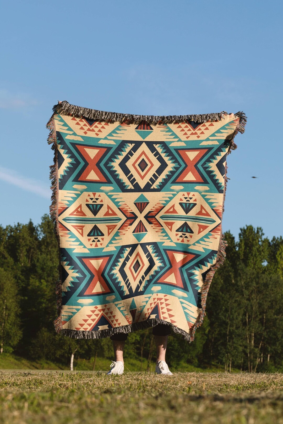 Native American Inspired Woven Blanket - Tribal Cotton Throw, Artisan ...