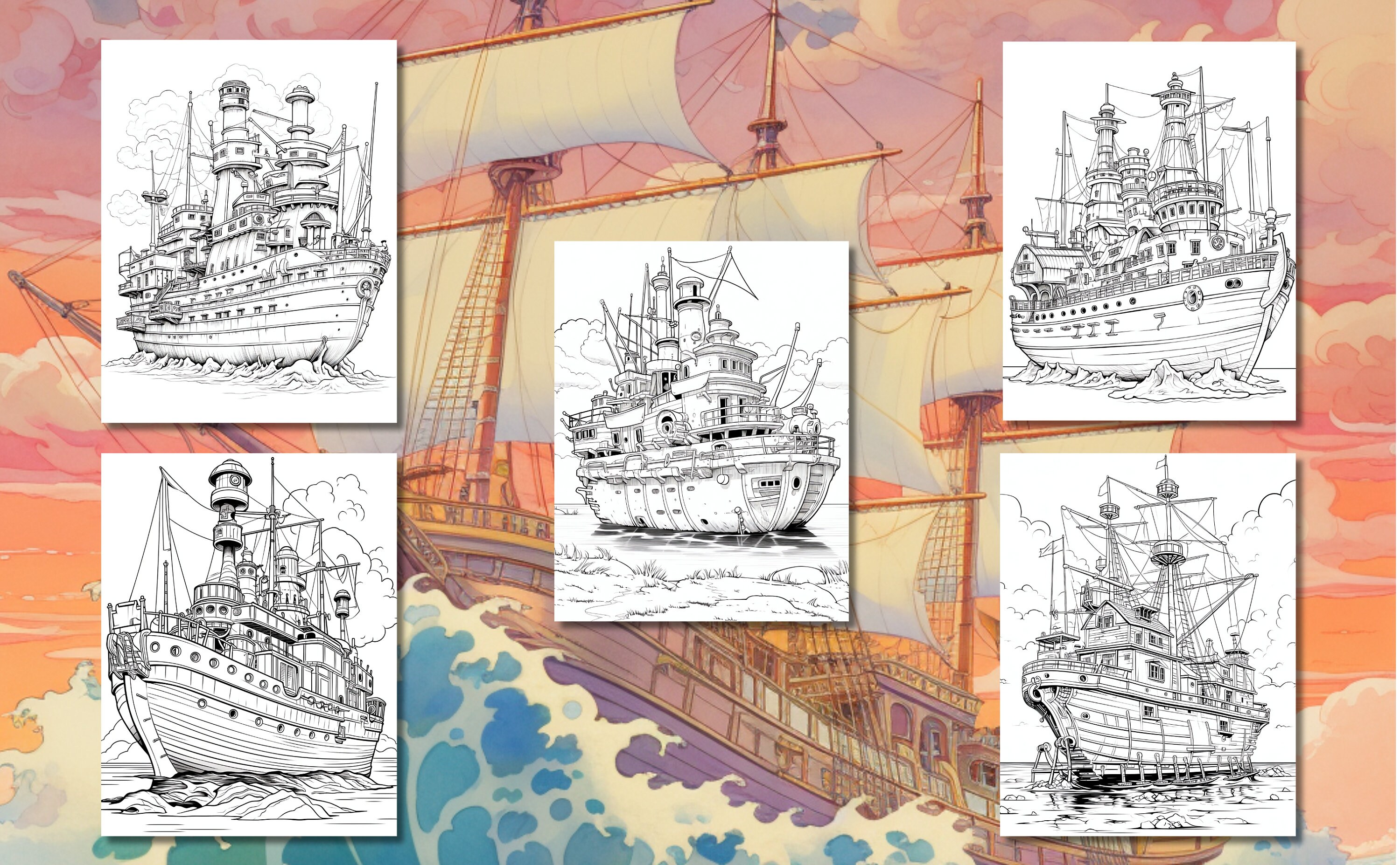 20 Fantasy Boating Wonders - Coloring Book - Coloring Pages, Grayscale ...