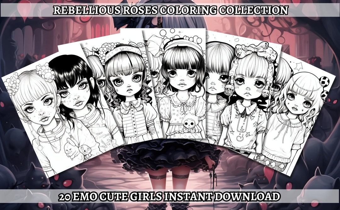 20 Cute Emo Girls Coloring Book - Coloring Pages, Grayscale Coloring ...
