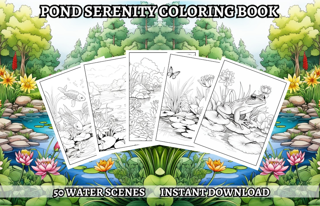 50 Pond Wildlife Scenes Coloring Book - Coloring Pages, Grayscale ...
