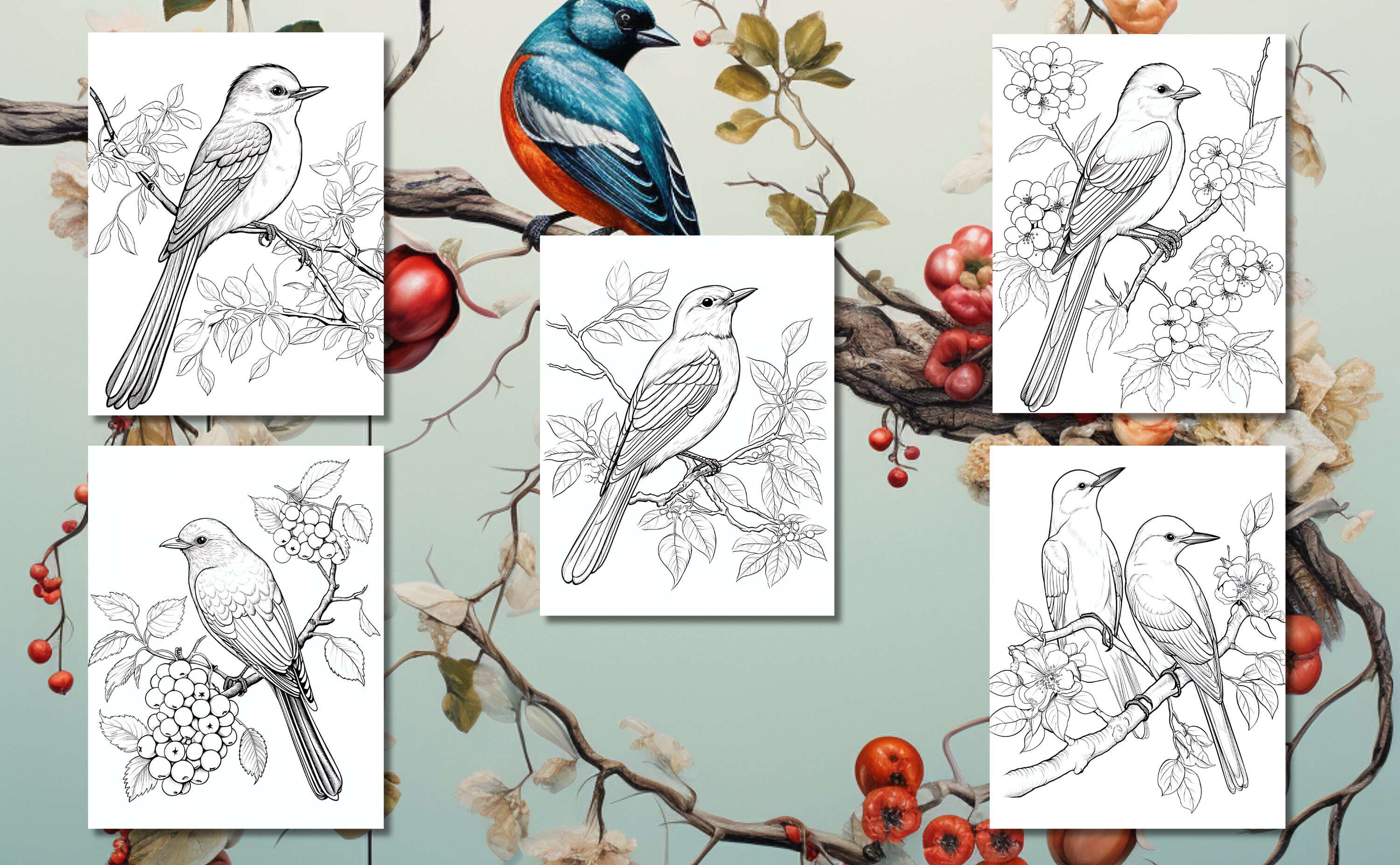 25 Beautiful Bird Scenes Coloring Book - Coloring Pages, Grayscale ...