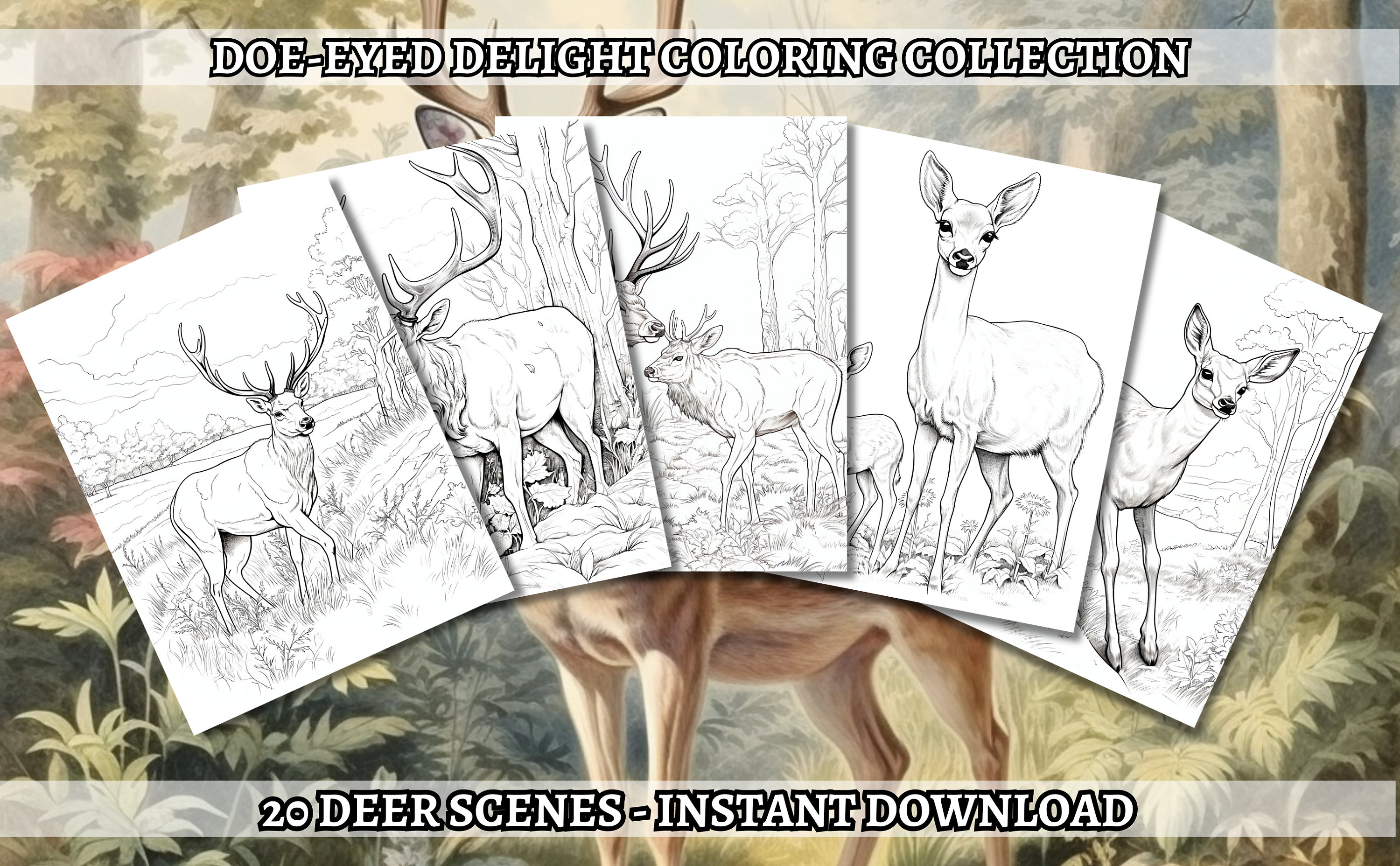 20 Shy Deers Coloring Book - Coloring Pages, Grayscale Coloring ...