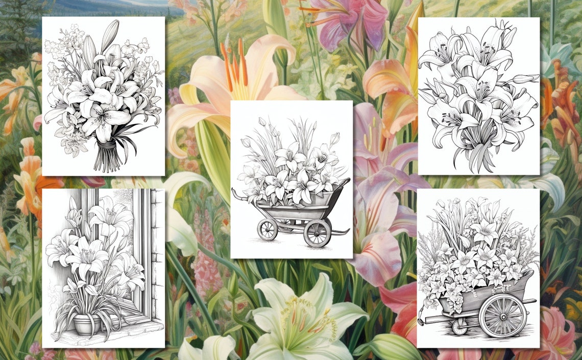 20 Lilies Coloring Book Coloring Pages Grayscale Coloring - Etsy