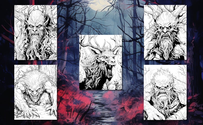 15 Forest Horrors Coloring Book Adult Coloring Pages, Grayscale ...