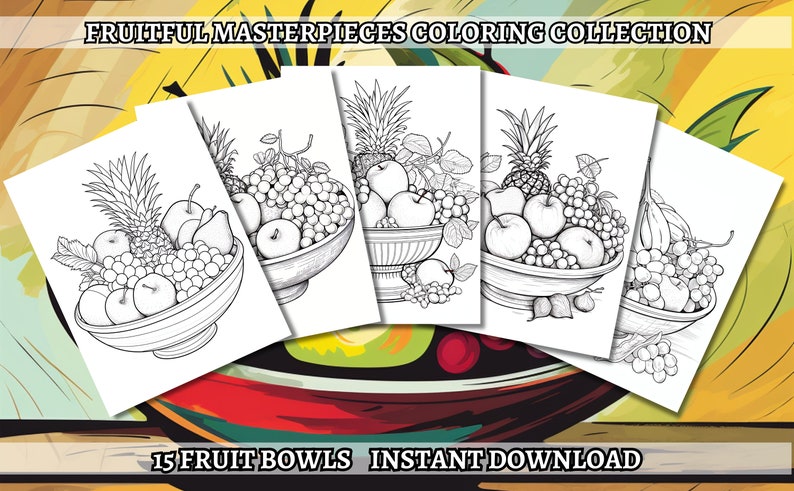 15 Fruit Bowls Coloring Book Coloring Pages, Grayscale Coloring ...