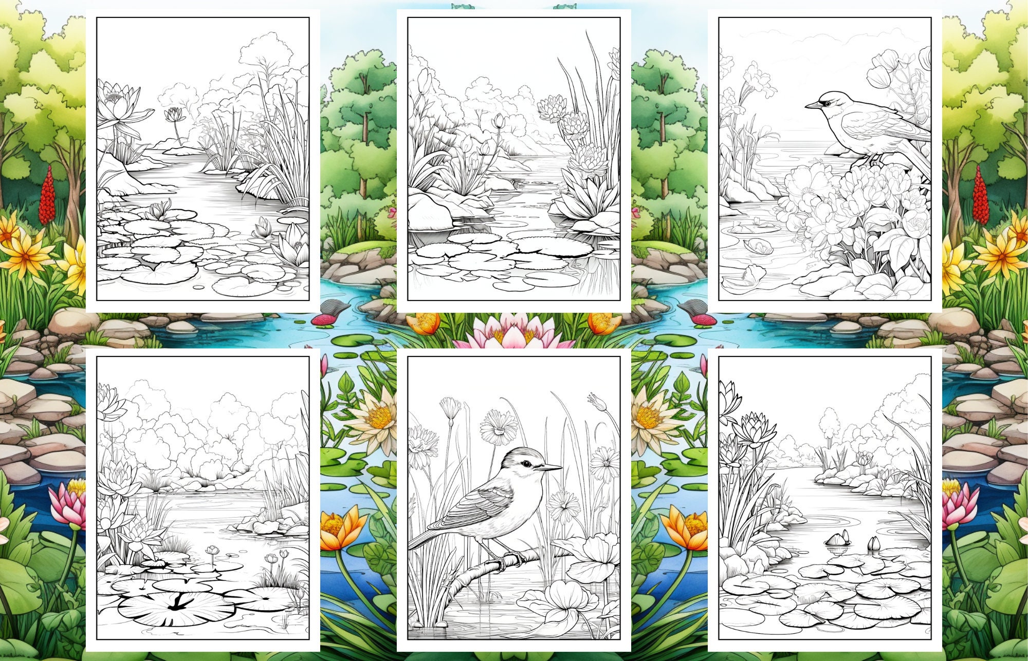50 Pond Wildlife Scenes Coloring Book - Coloring Pages, Grayscale ...