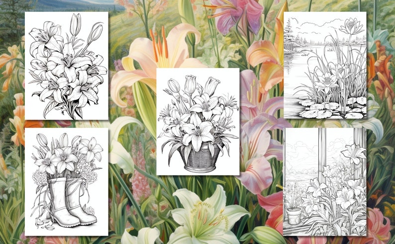 20 Lilies Coloring Book - Coloring Pages, Grayscale Coloring, Instant ...