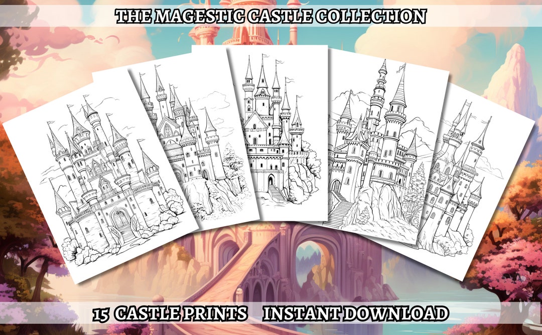 15 Mystical Castles Coloring Book - Coloring Pages, Grayscale Coloring ...