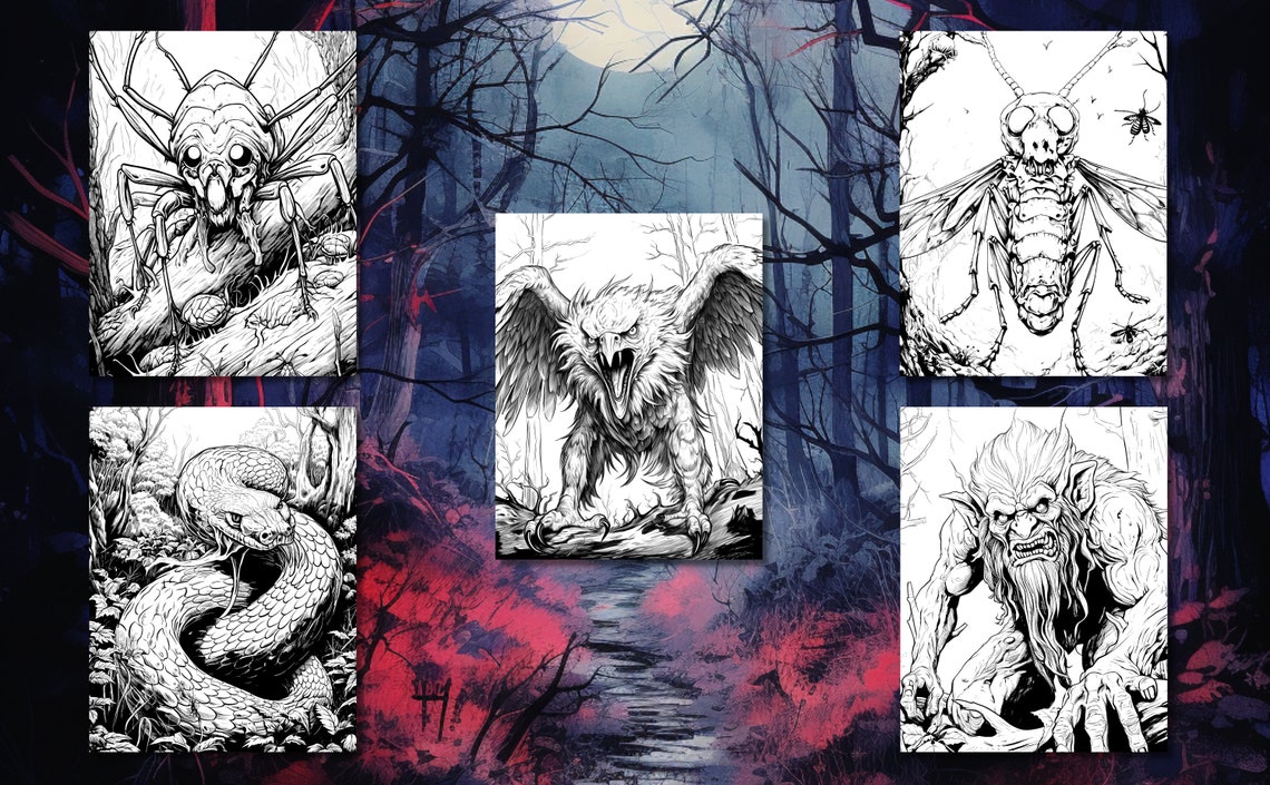 15 Forest Horrors Coloring Book Adult Coloring Pages, Grayscale ...