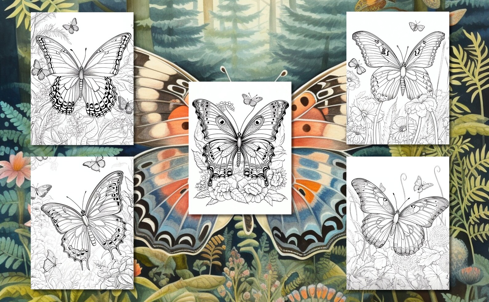 20 Beautiful Butterflies Coloring Book Coloring Pages, Grayscale ...