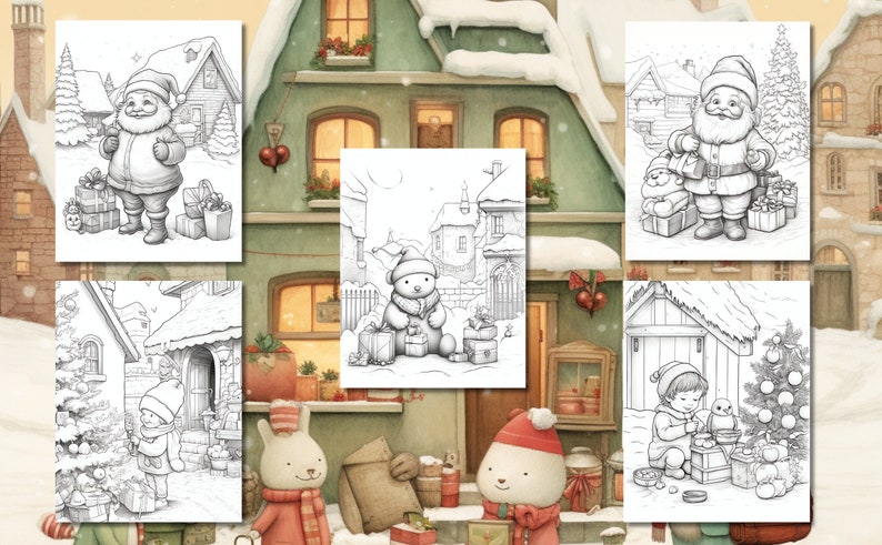 30 Cute Christmas Scenes Coloring Book - Coloring Pages, Grayscale ...