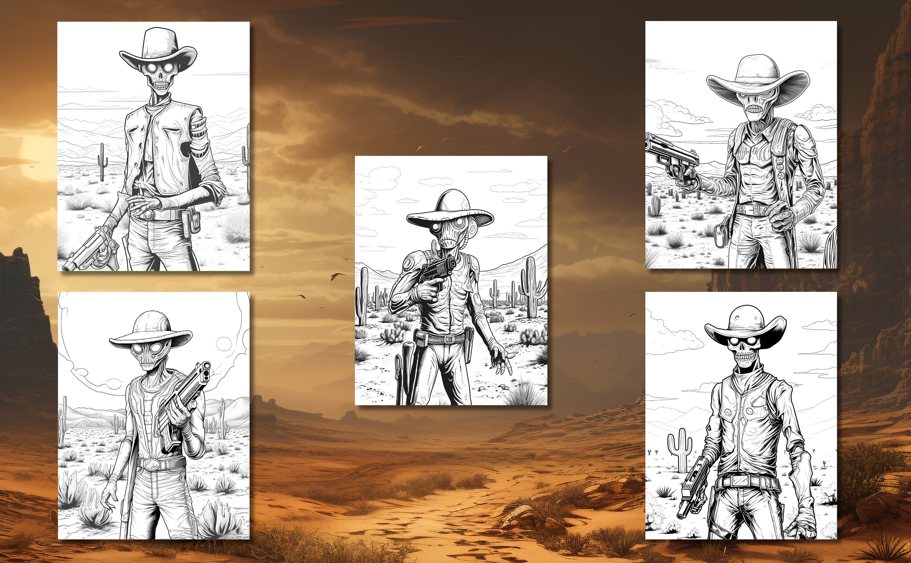 15 Alien Cowboys Coloring Book - Adult Coloring Pages, Grayscale ...
