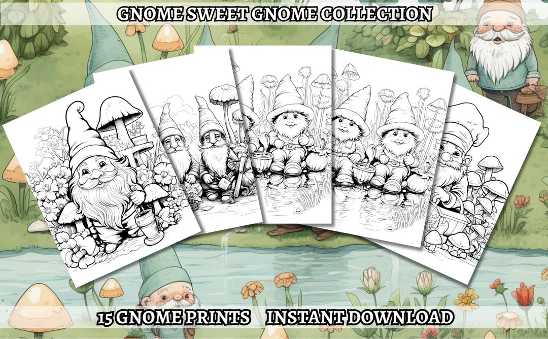 15 Gnomes Coloring Book Coloring Pages, Grayscale Coloring, Instant ...