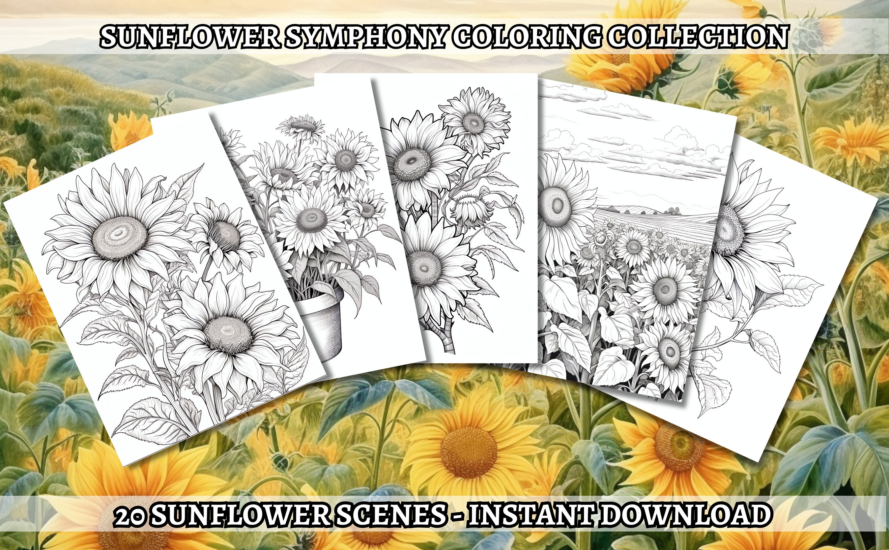 20 Sunflower Scenes Coloring Book Coloring Pages, Grayscale Coloring ...