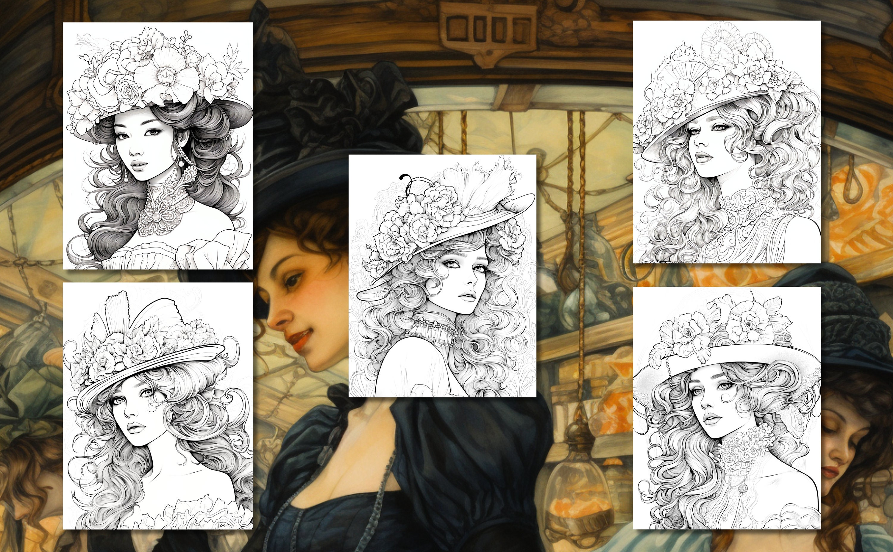 30 Woman in Pretty Hats Coloring Book Coloring Pages, Grayscale ...