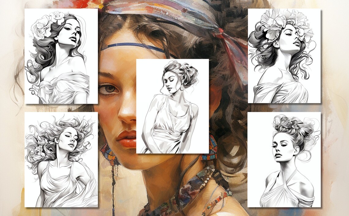 20 Beautiful Female Models Coloring Book Coloring Pages, Grayscale ...