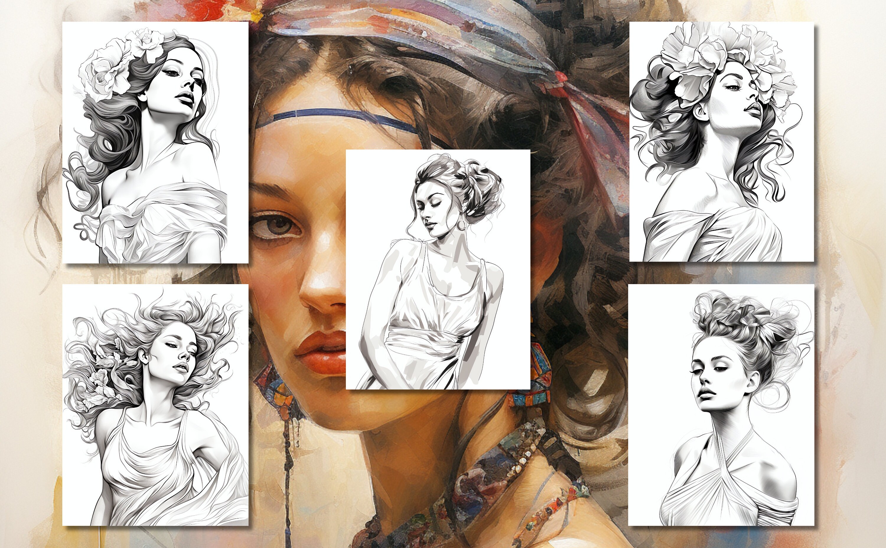 20 Beautiful Female Models Coloring Book Coloring Pages, Grayscale ...